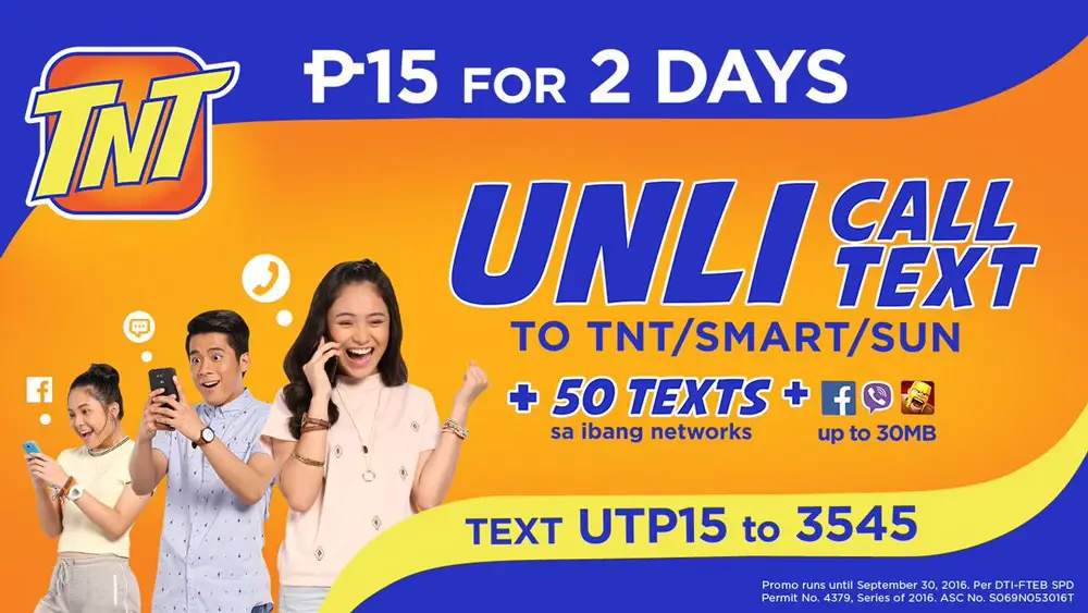 UTP15 - Talk 'N Text Unli Call and Text to TNT, Smart, Sun + 100 MB Data UTP15 - Talk 'N Text Unli Call and Text to TNT, Smart, Sun + 100 MB Data